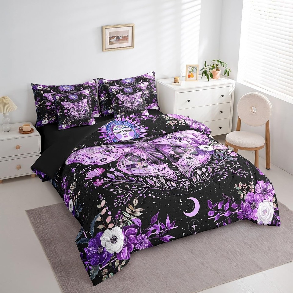 Purple Death Moth Bedding Set with Comforter, Boho Moth Comforter Twin ...