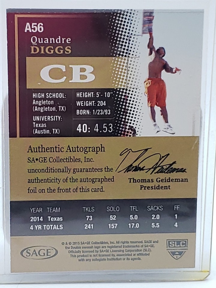 2015 Sage Hit Auto Black Quandre Diggs #A56 Rookie Auto RC Authentic ...