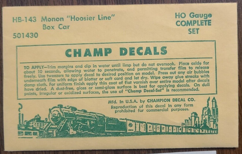 CHAMP DECALS, #HB-143, MONON 'HOOSIER LINE' BOX CAR, HO COMPLETE SET | eBay