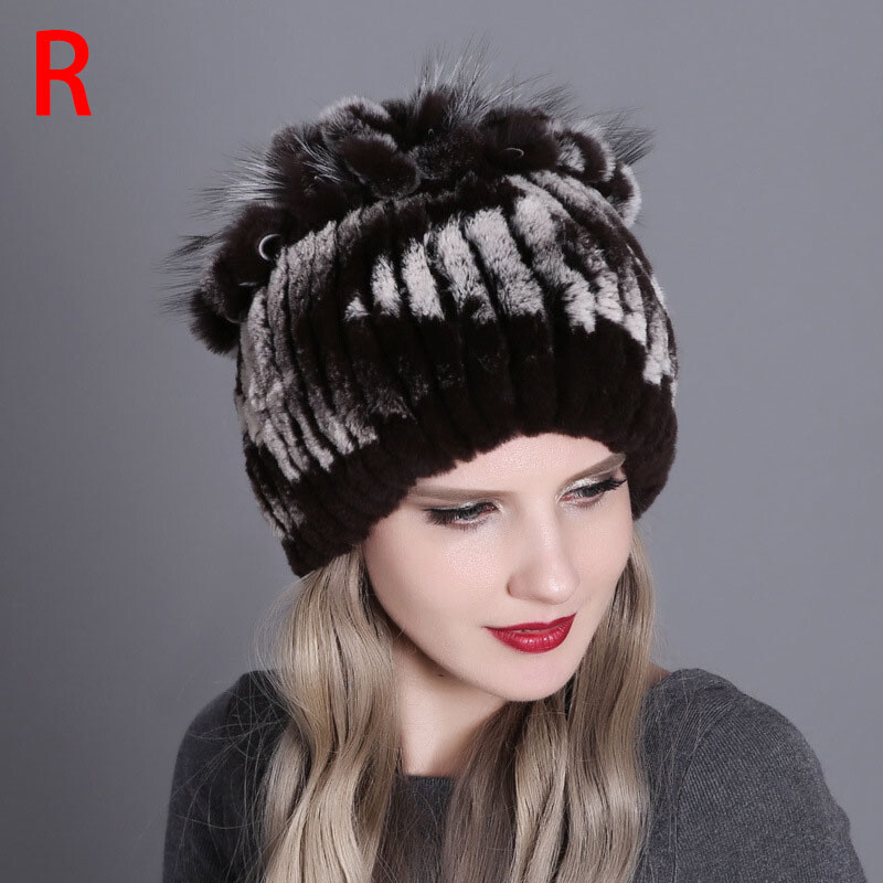 Women Winter Rex Rabbit Fur Hat Ladies Knitted Mink Fur Caps Beanie ...