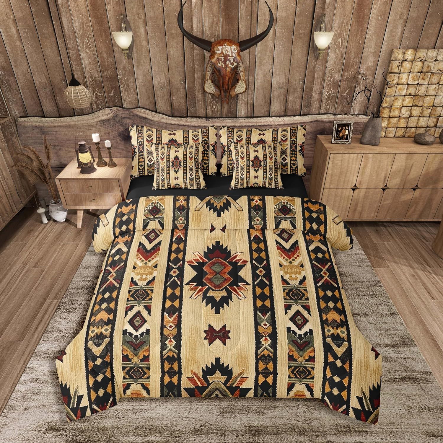 Wood Southwestern Bedding Set Queen Geometric Comforter Set 7 Pieces ...