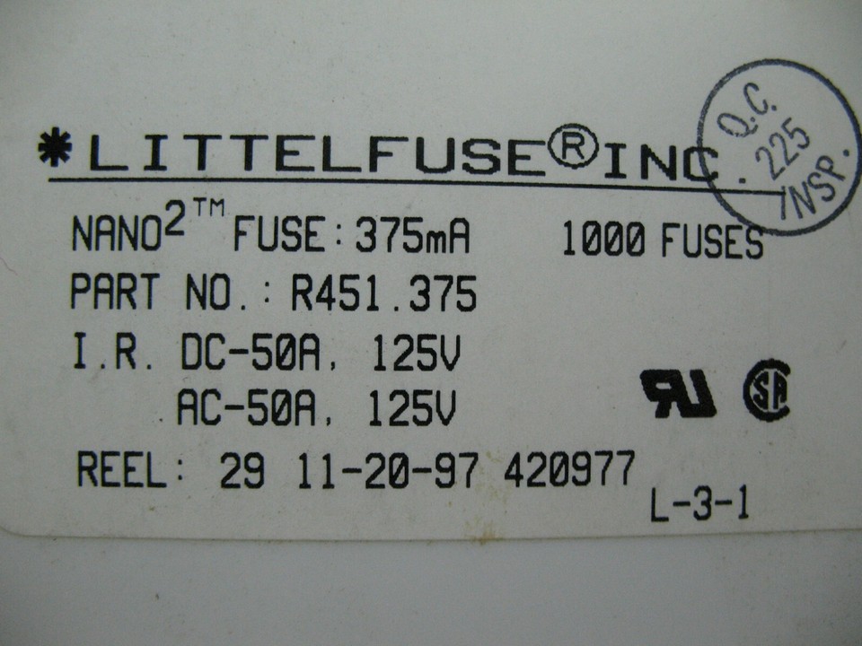 Qty. 50 Littelfuse R451.375 Nano2 Fuse 375 mA 125 V Fast Blow Surface ...