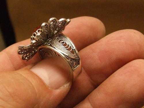 DGS 925 Turkey Sterling Filigree Flower & Honey Amber Cabochon Ring 9.2 ...