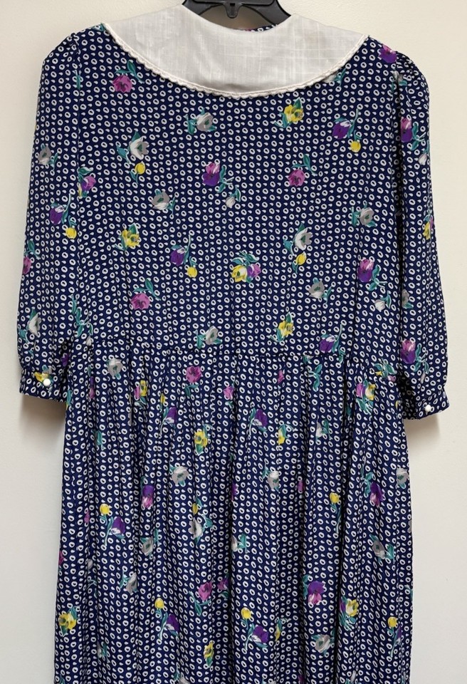 Vintage 80s Y2K Dress Blue Floral Midi Lace Collar Secretary Geek Plus ...