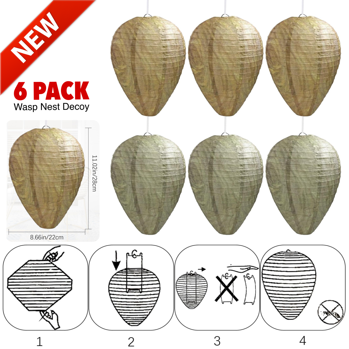 6 Pack Fake Hornet Nest Decoy Wasp & Carpenter Bee Repellent Outdoor 8. ...