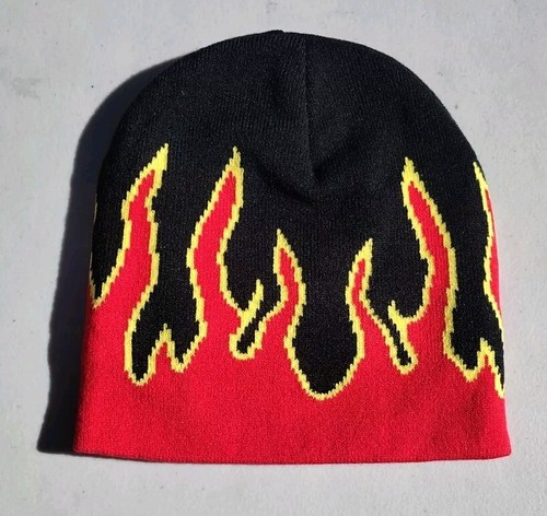 Black Beanie Y2K Red Flame Skater Beanie Skull Cap | eBay