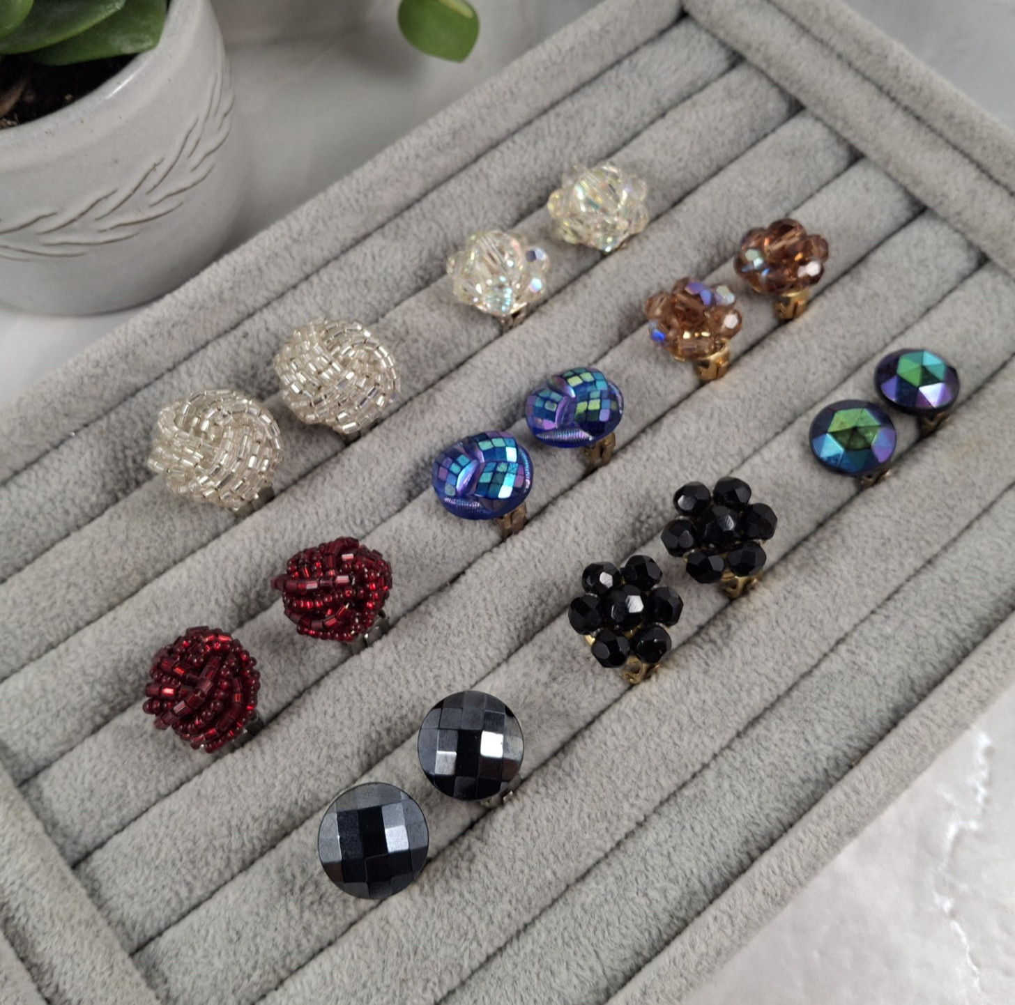 8 Pairs Glass Clip On Earrings Bundle Sparkle Retro N… - Gem