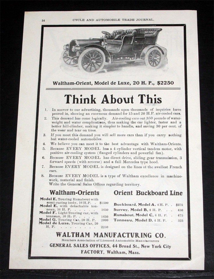 1905 OLD MAGAZINE PRINT AD, LAMBERT MODEL 6 TOURING CAR, WALTHAM-ORIENT ...