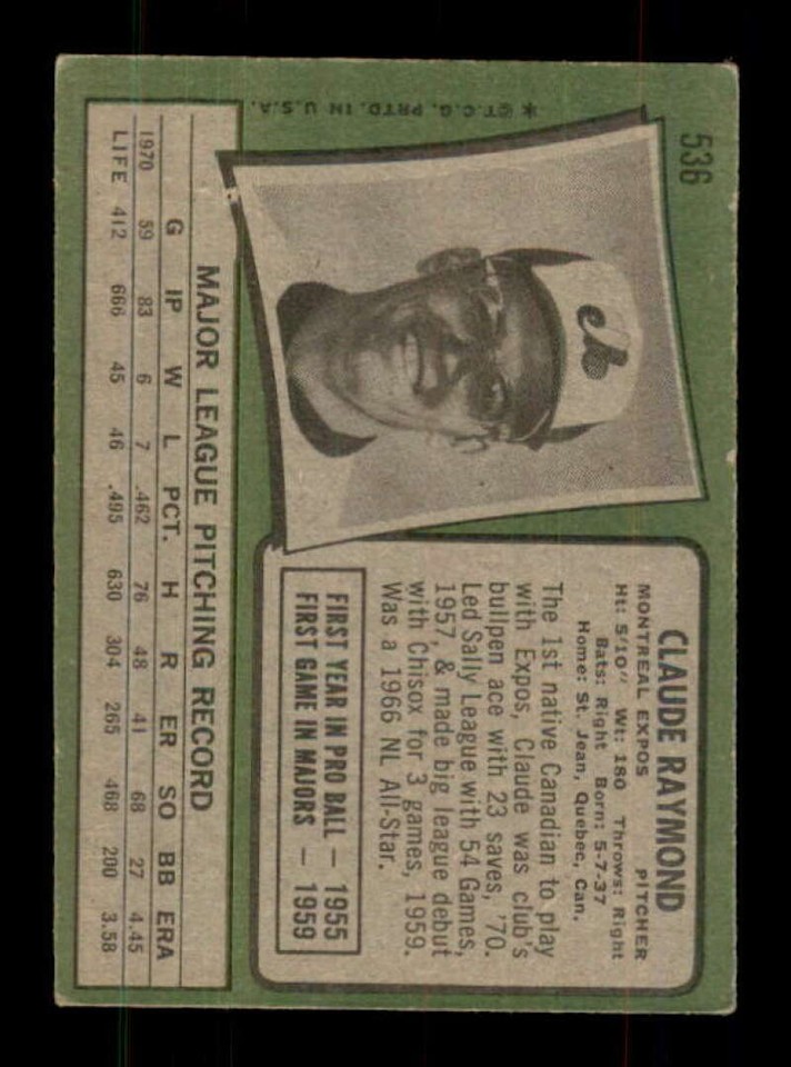 1971 Topps #536 Claude Raymond GVG Expos 531259 | eBay
