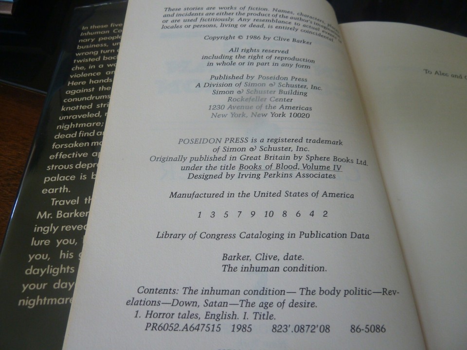 The Inhuman Condition by Clive Barker, autographed Hardcover signed ...