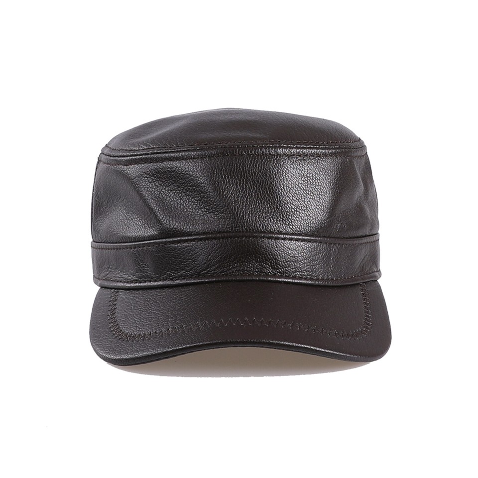 Men's Flat Top Cap Real Sheepskin Leather Military Style Caps Cadet ...