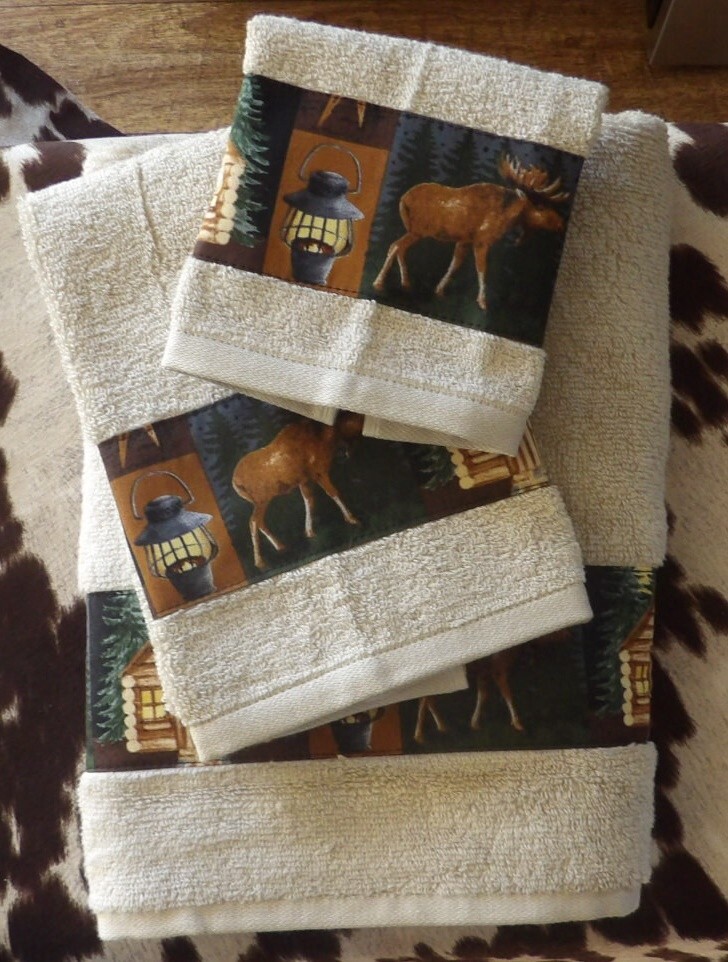 Western/Cabin rustic decor, 3 pc towel set, papyrus tan, lantern, moose ...