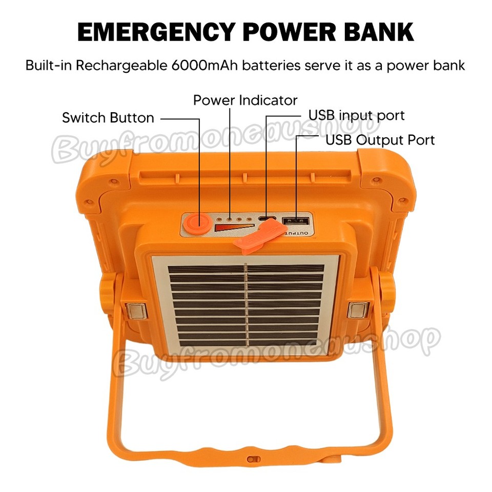 Solar LED Flood Light 6000mAh Outdoor Work Camping Rechargeable USB ...
