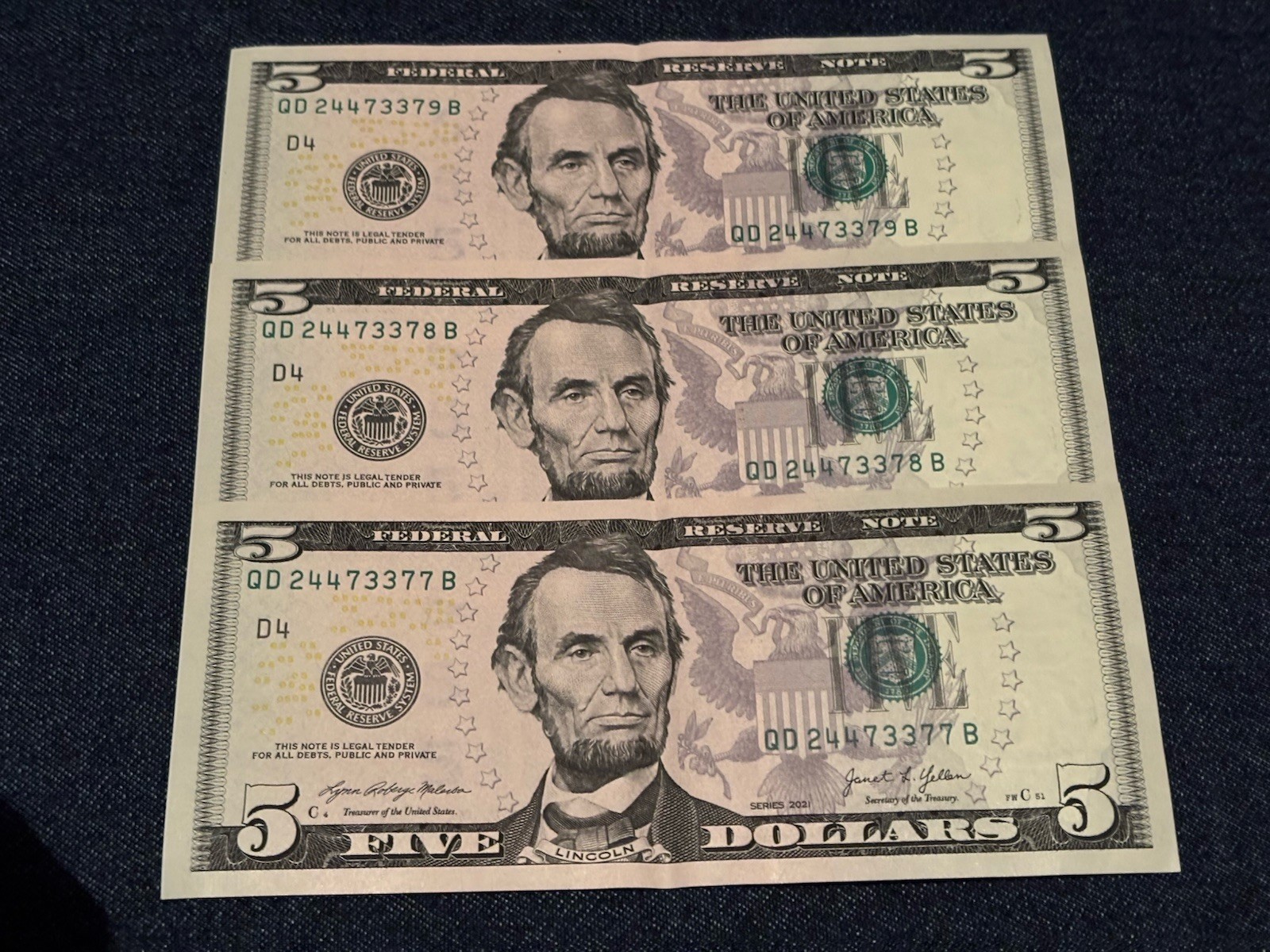 MINT $5 Dollar Bills (3 Count) Consecutive Numbers - Uncirculated | eBay