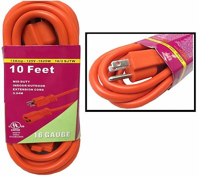 10ft Orange Grounded Extension Power Cord 16 Gauge 13 Amp Indoor ...