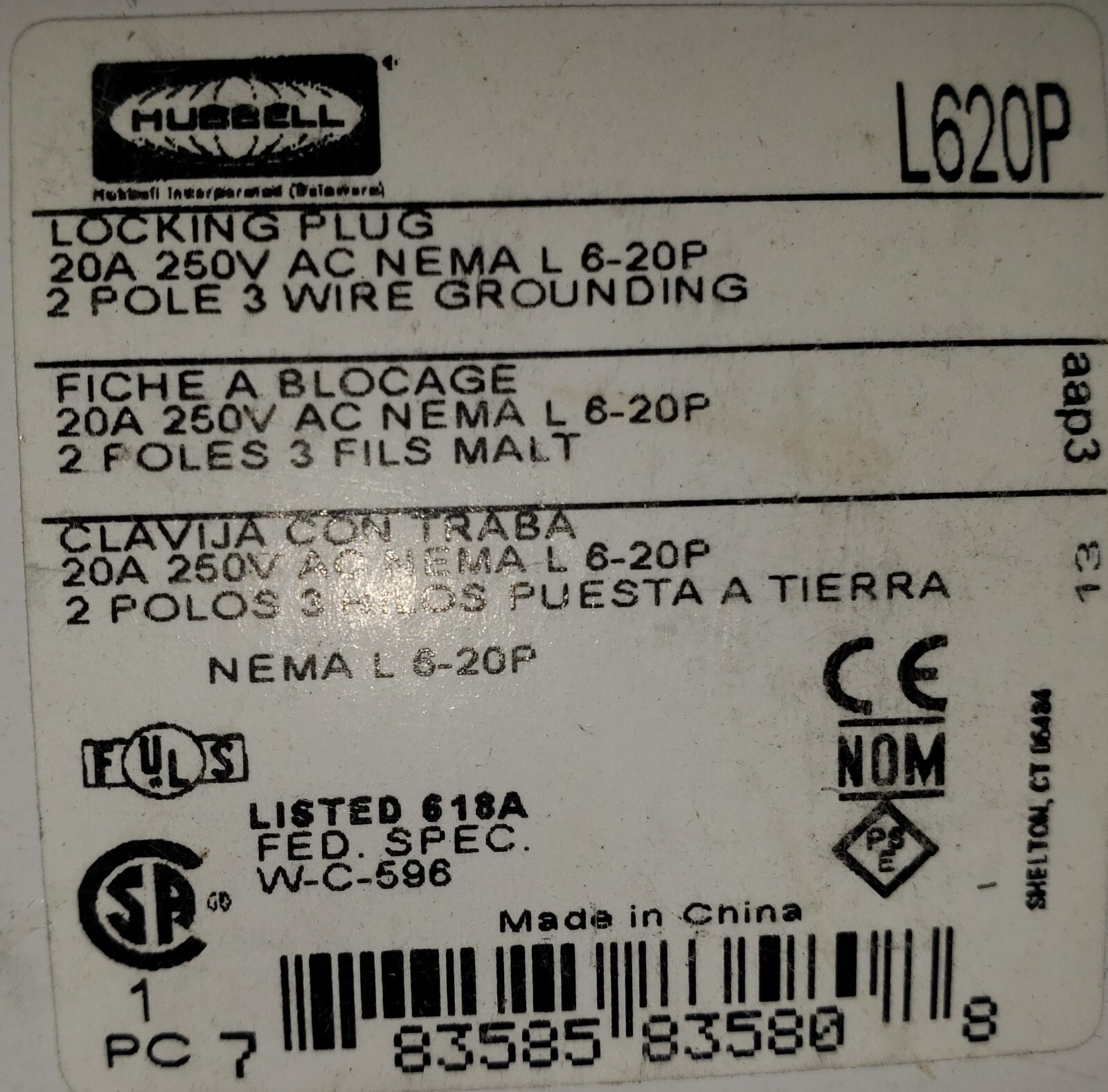 Hubbel L620P Locking Plug 20A 250V NEMA L 6-20P | eBay