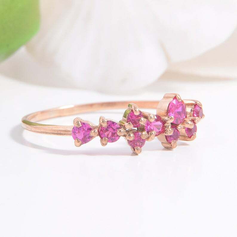 1.5ct Lab-Created Pink Ruby Engagement Ring Promise Cluster Rose Gold ...