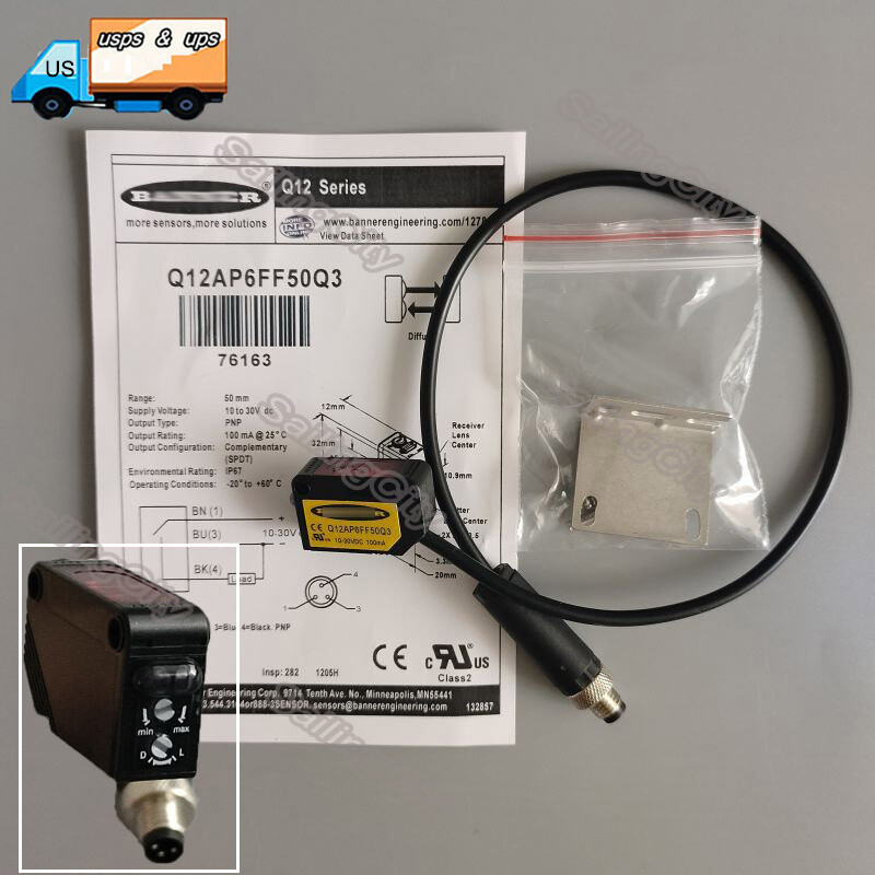 For Banner Q12AP6FF50Q3 Square Photoelectric Sensor Switch 10-30VDC ...