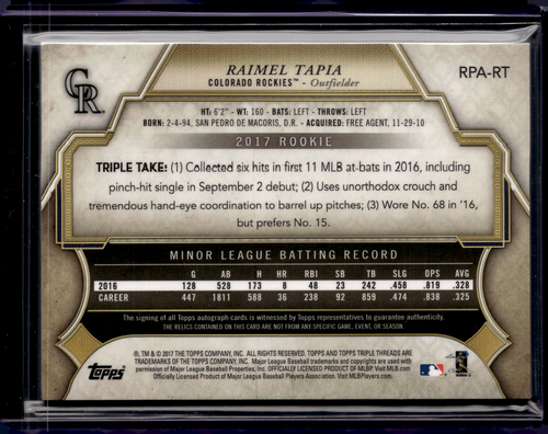 2017 TOPPS TRIPLE THREADS RAIMEL TAPIA PATCH AUTO /50 (3) | eBay