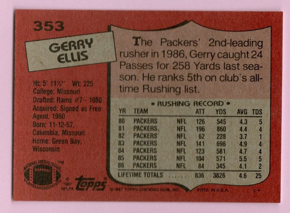 1987 Topps Football #353 Gerry Ellis Green Bay Packers Running Back | eBay