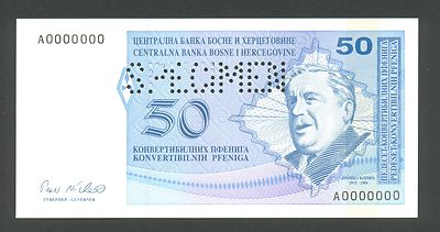BOSNIA, 50 C.Pfeniga ND1998 UNC Official SPECIMEN with all zeroes ser ...