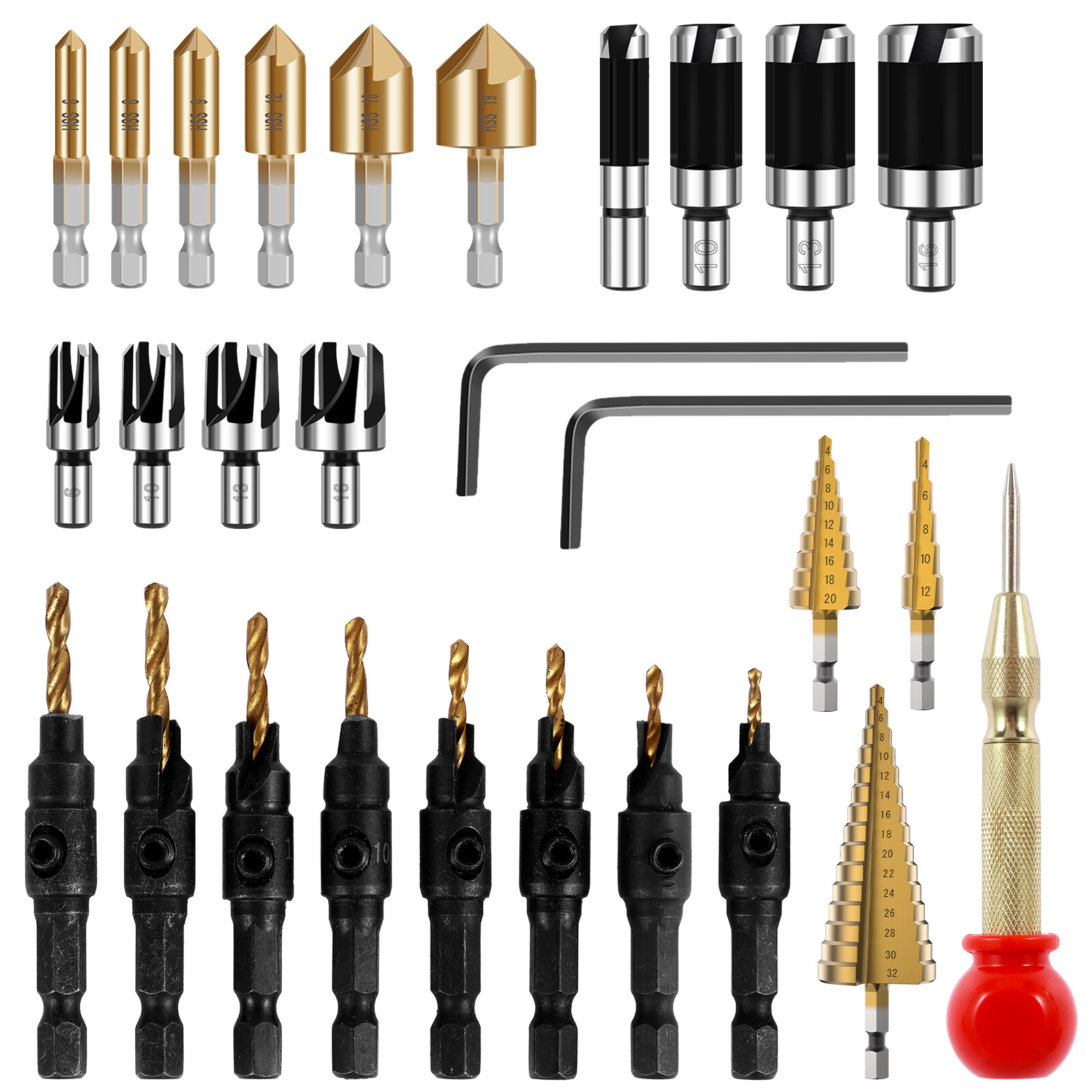 28Pcs Woodworking Chamfer Drilling Tool with 8pcs Wood Plug Cutter ...