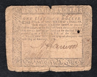 AUGUST 14, 1776 $1/6 ONE SIXTH DOLLAR MARYLAND COLONIAL CURRENCY NOTE ...