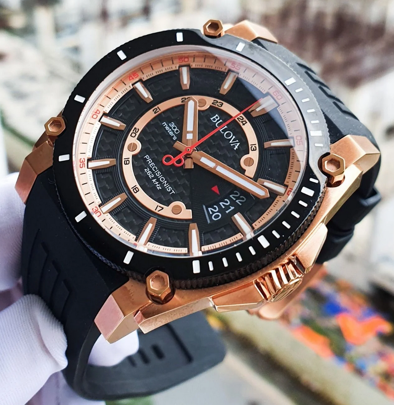 Bulova Precisionist 98B152 Icon Rose Gold Black Dial Polyurethane Men's ...