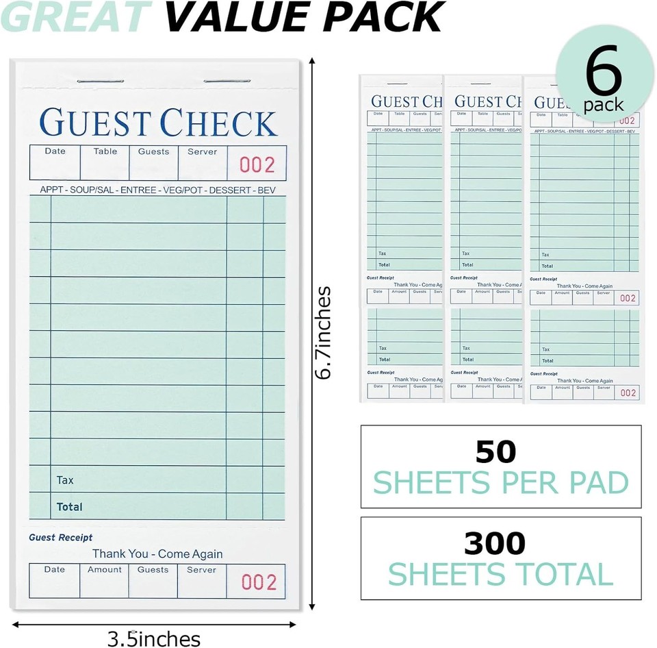 Guest Check Books 6 Pack, Guest Checks for Servers, Server Note Pads ...