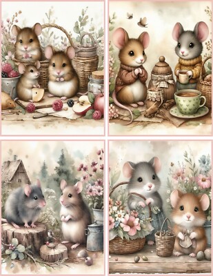 8 MICE FAMILY VINTAGE SHABBY CHIC FANTASY GLOSSY FOLD OUT BLANK NOTE ...