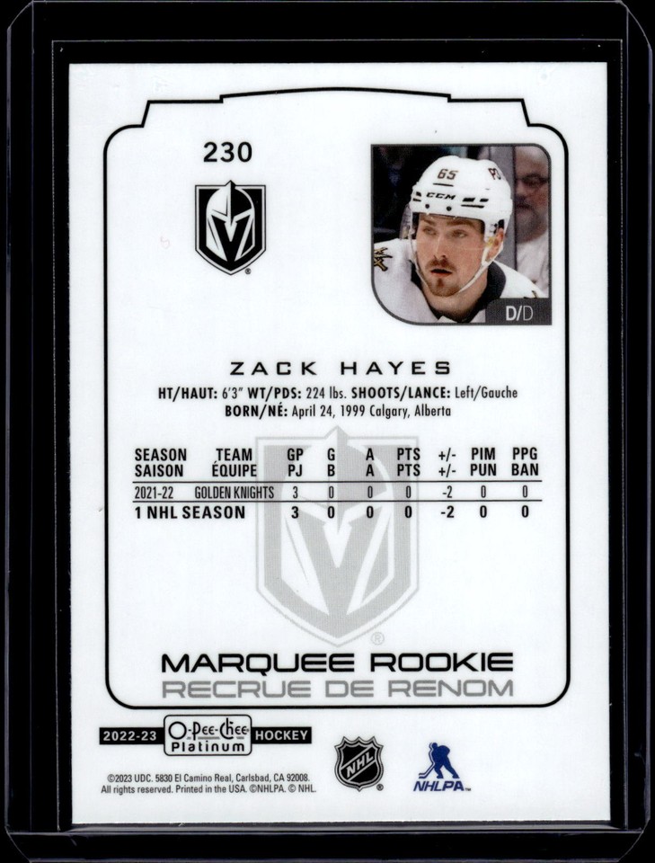 2022-23 O-Pee-Chee Platinum #230 Zack Hayes Rookie Golden Knights RC | eBay
