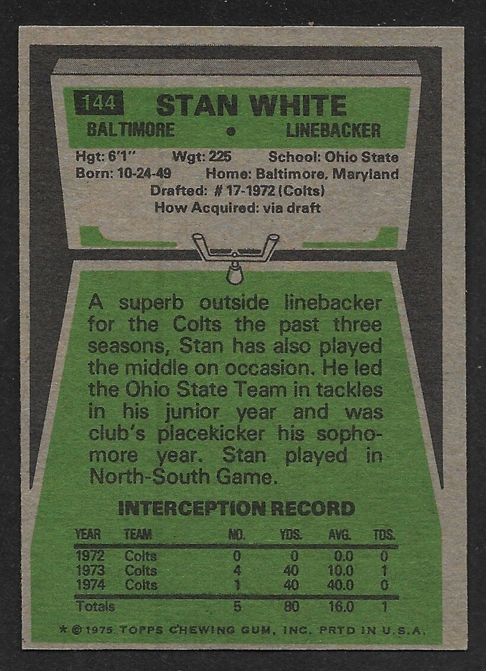 1975 TOPPS FOOTBALL #144 Stan White Ohio State BALTIMORE COLTS EX-MINT+ ...