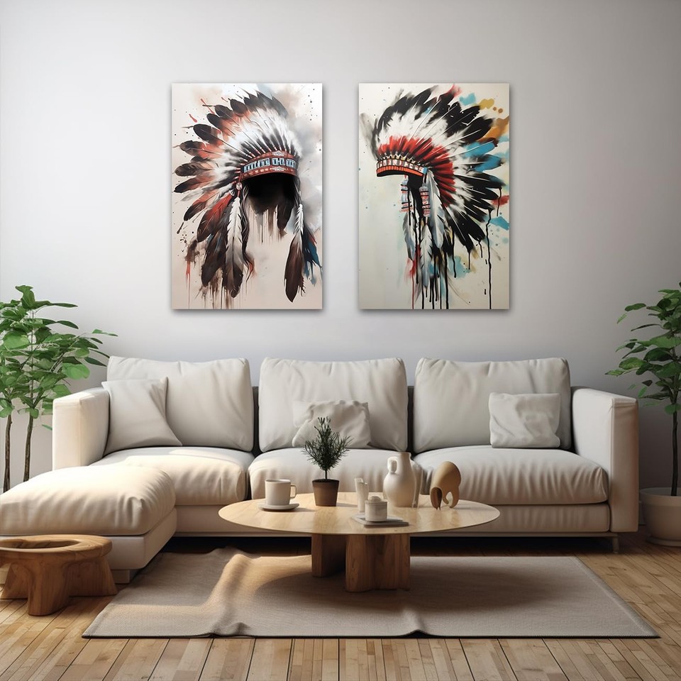 Native American Wall Art 2 Pieces Indian Chief Feather Headdress Canvas ...
