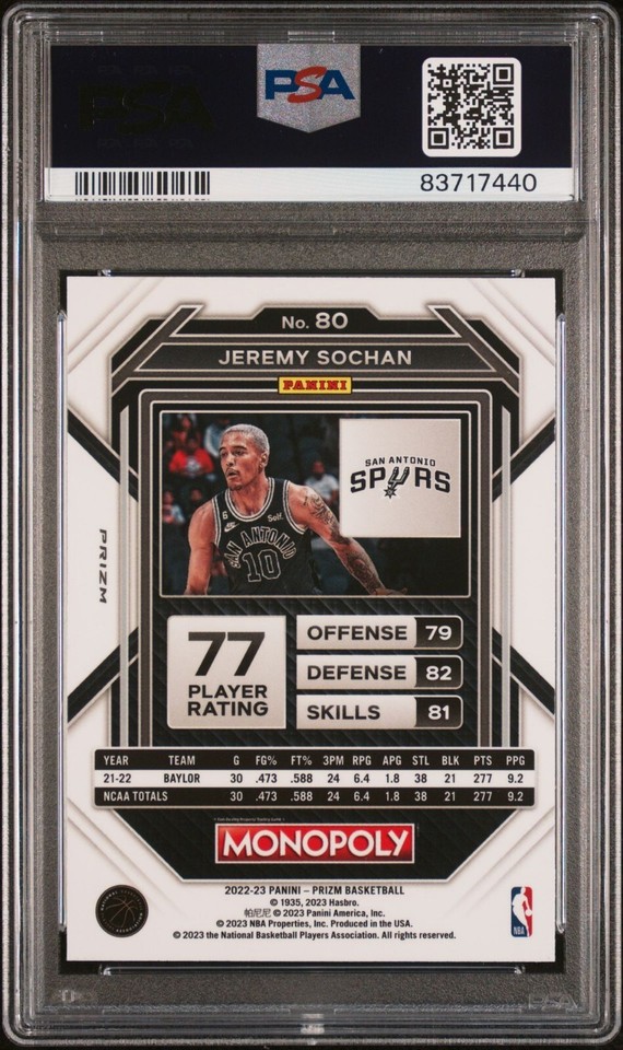 2022-23 PANINI PRIZM MONOPOLY JEREMY SOCHAN ROOKIE SILVER PRIZM SPURS ...