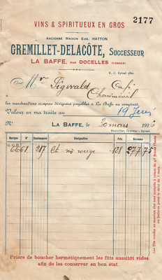 Facture ancienne Gremillet-Delacôte à La Baffe 1926 old french invoice ...