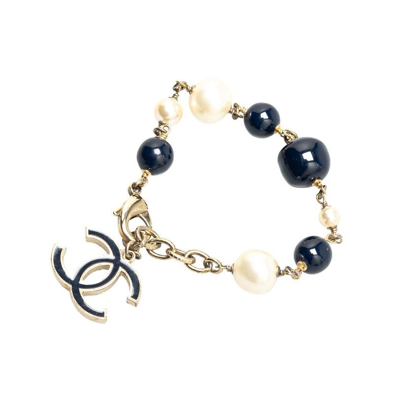 Chanel Coco Mark Navy Black Gold Fake Pearl Bracelet Women's Used | eBay