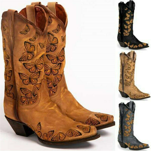 Butterfly Embroidered Cowgirl Boot WesternFemale Retro HighTube Boots ...