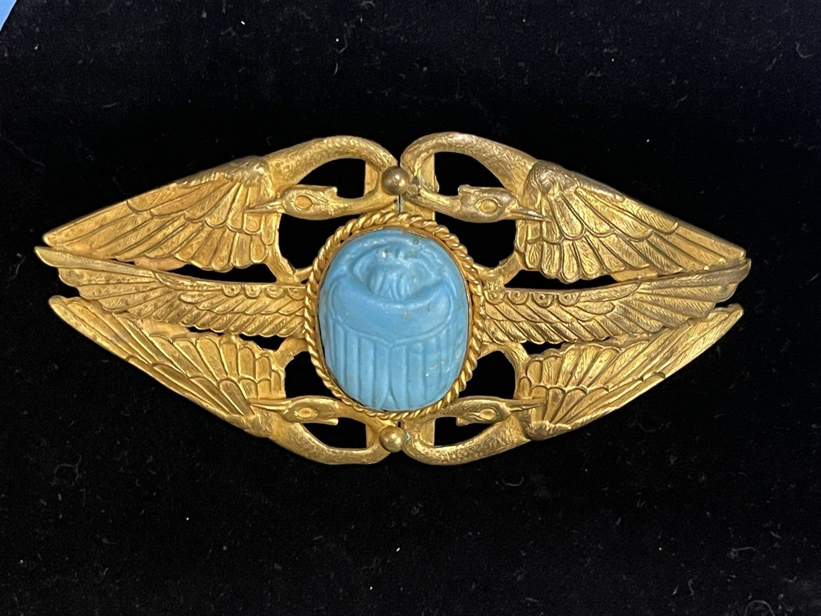 Egyptian Revival Winged Blue Scarab Large Sash Pin - Gem