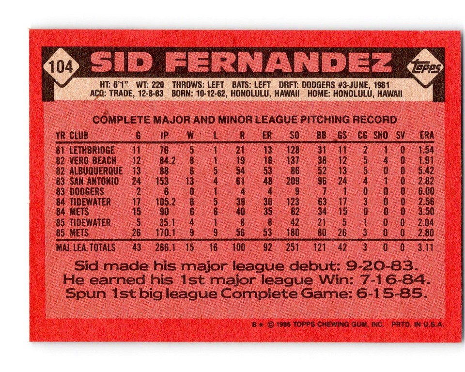 1986 Topps #104 Sid Fernandez New York Mets Baseball Card | eBay