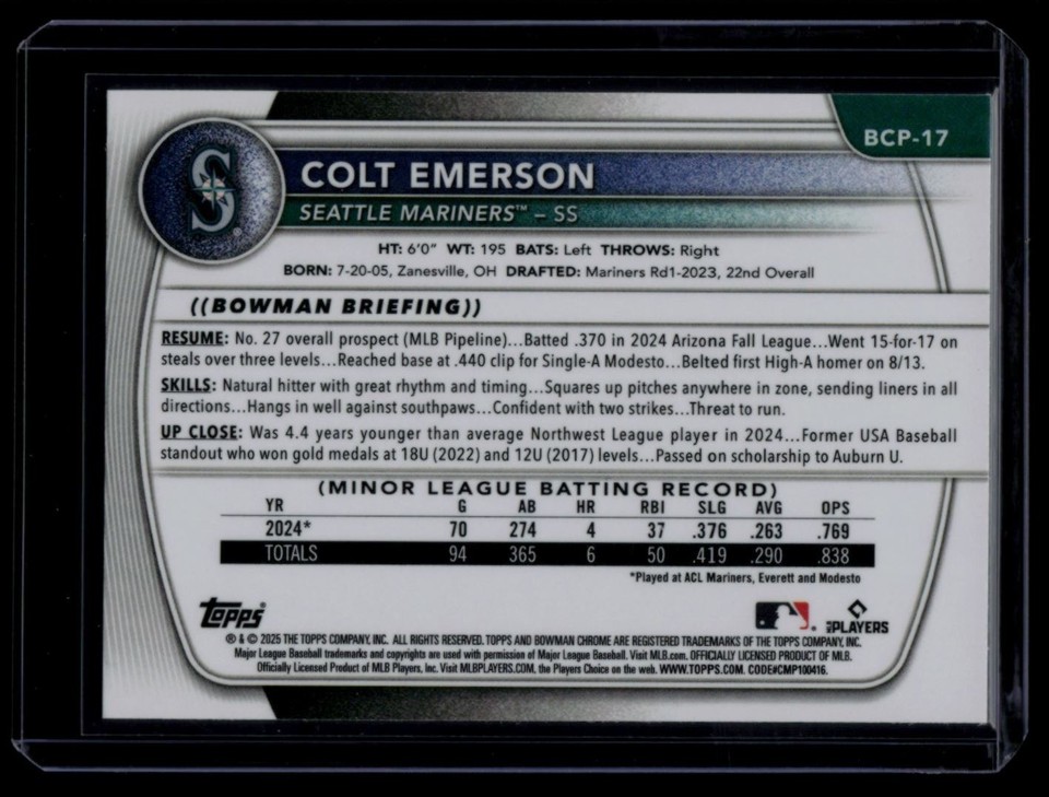 COLT EMERSON 2025 Bowman Chrome Prospect #BCP-17 Seattle Mariners | eBay