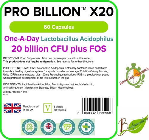 Pro Billion X20, 20bn CFU Strength Probiotic Supplement (60 Capsules ...
