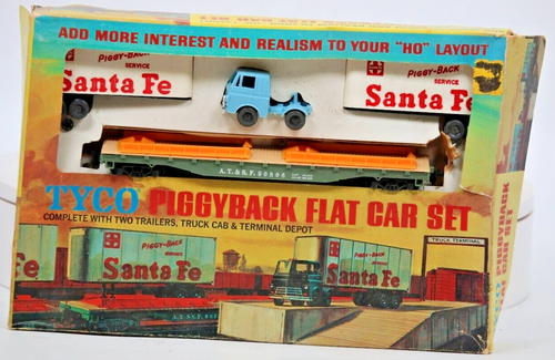 VINTAGE TYCO HO SCALE SANTA FE PIGGYBACK FLAT CAR SET With original box ...