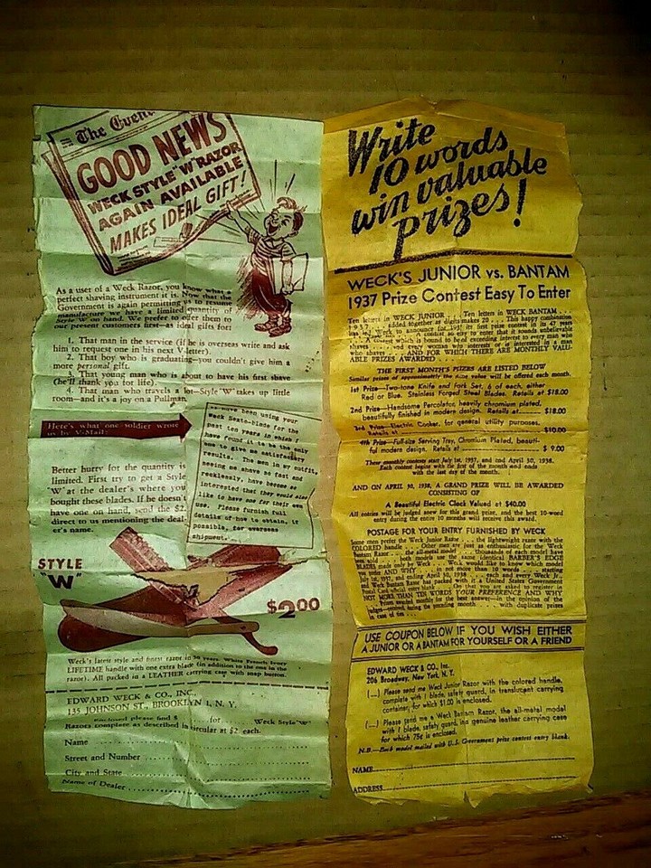 Vintage 1937 Weck's Straight Razor Collectable Advertising Contest Jr ...