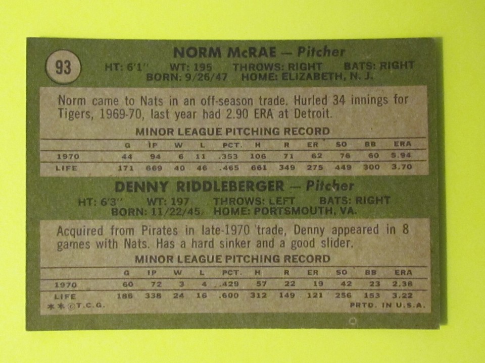 1971 Topps RS, Norm McRae, Denny Riddleberger, Washington Senators #93 ...