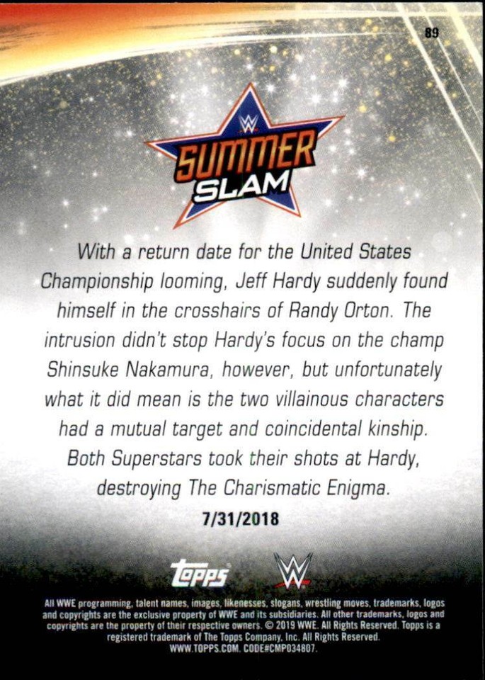 2019 Topps WWE Summerslam #89 Shinsuke Nakamura & Randy Orton Attack ...