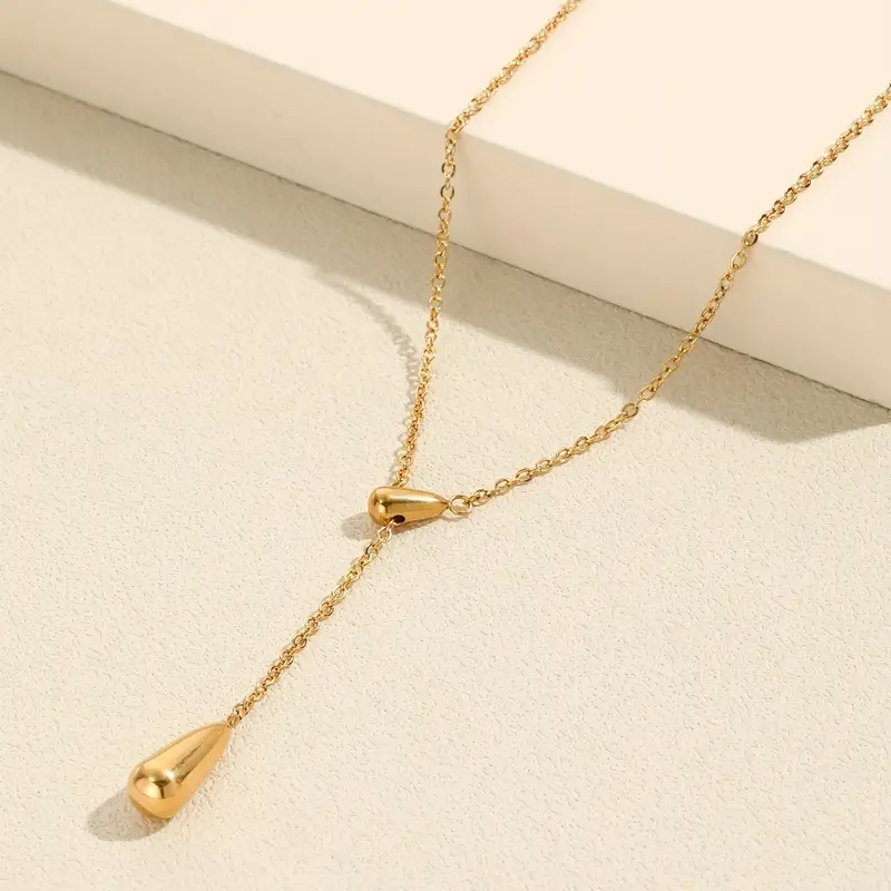 Teardrop Shape Necklace 18K Gold Plated Golden Titanium Steel Clavicle ...