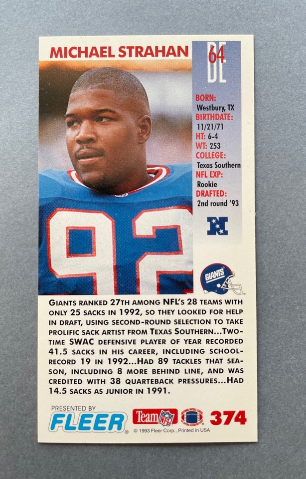 1993 Fleer GameDay Michael Strahan #374 Rookie RC Tall Card N.Y. Giants ...
