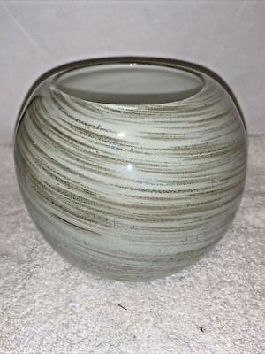 An HQT art glass globe vase hand made white with gold flecks Swirl ...