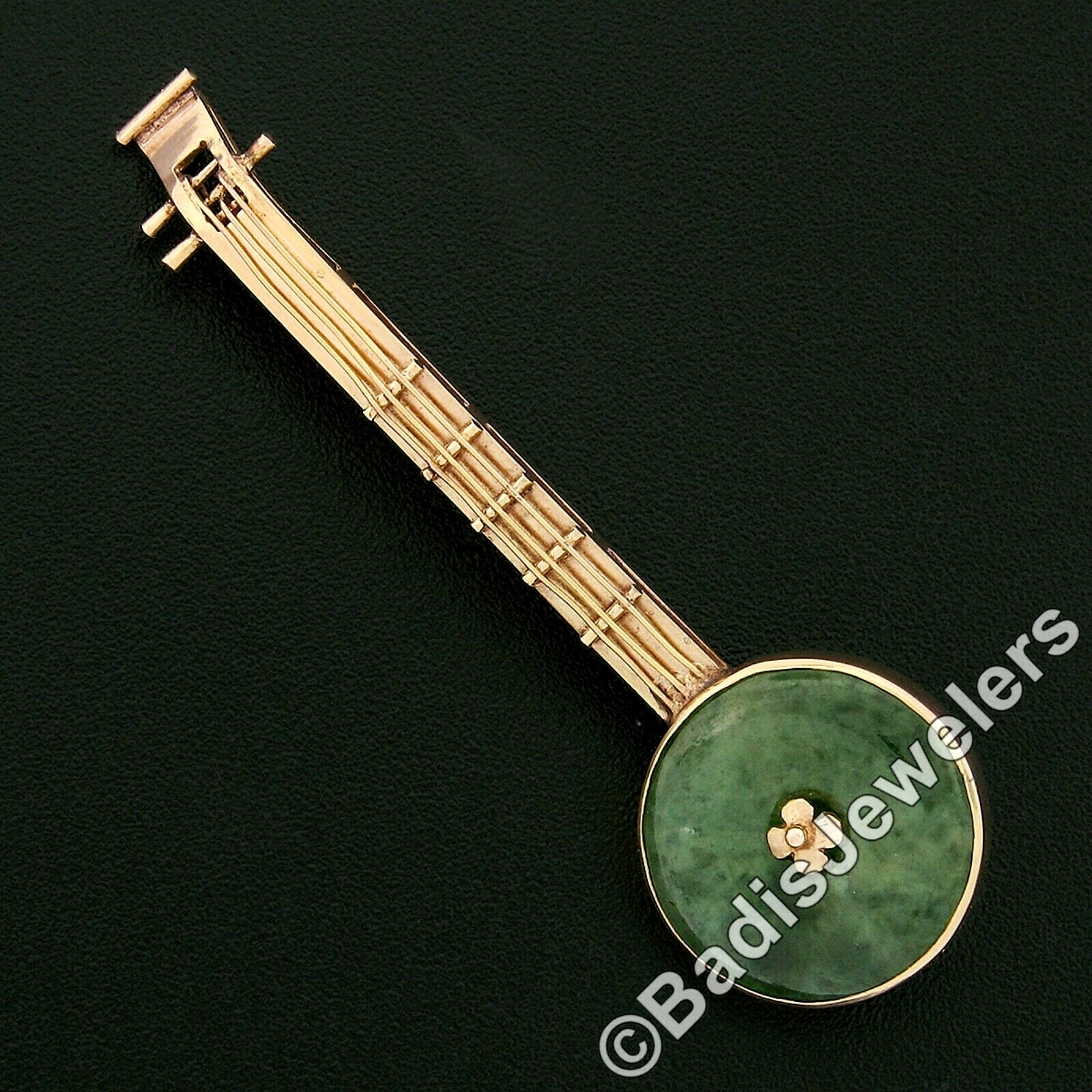 Antique 14k Yellow Gold 16.3mm Round Circle Marbled Green Jade Banjo ...