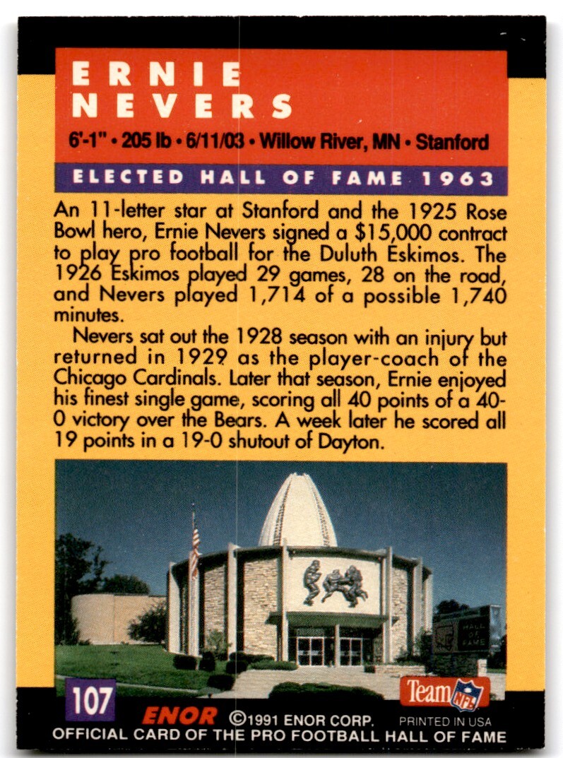 1991 ENOR Pro Football HOF Ernie Nevers Chicago Cardinals #107 | eBay